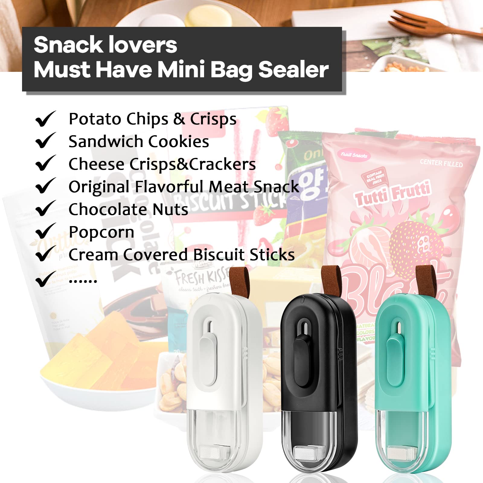Mini Bag Sealer Chip Bag Sealer Portable Handheld Heat Vacuum Sealer with Cutter Plastic Bag Sealer Bag Resealer Machine for Chip Bags Automatic Bag Sealer
