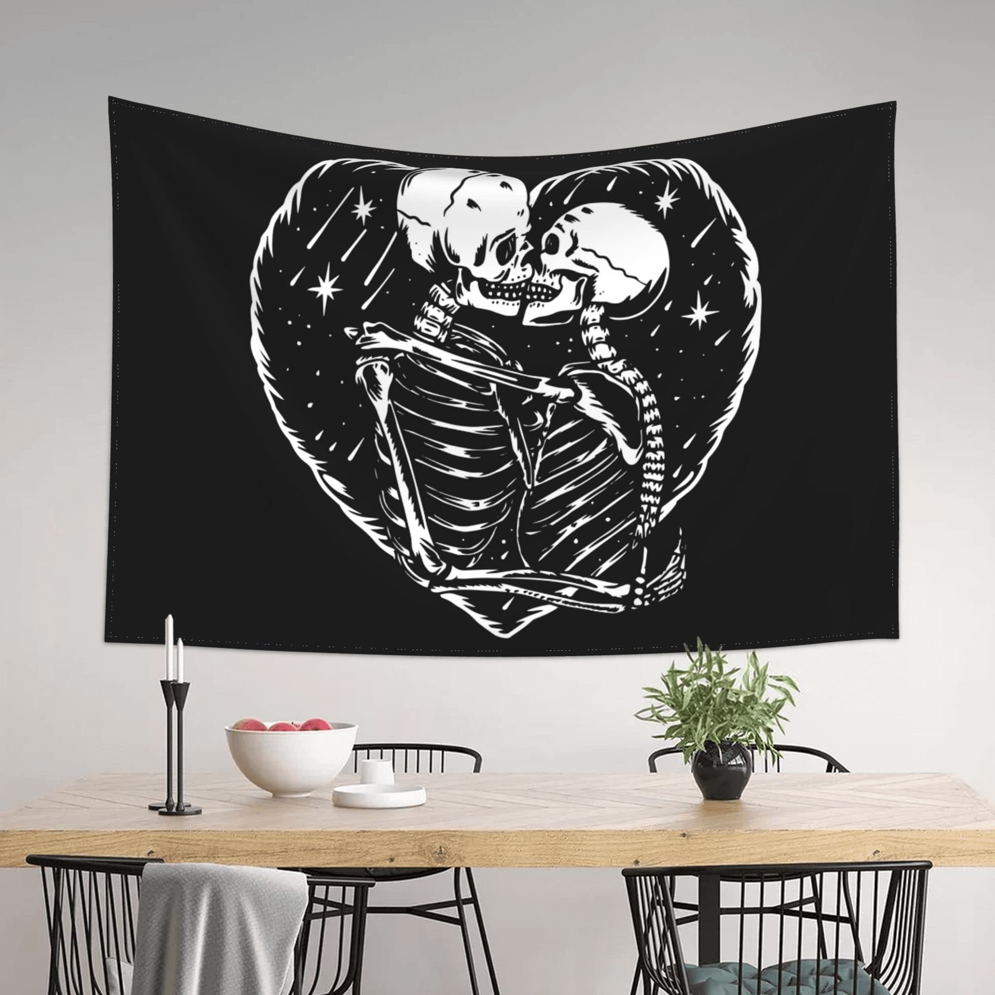 Monond Art Poster Tapestry Skull Skeleton Love Kissing Black Wall Hanging Boho Studio Room Decoration Curtain Handicrafts Trippy Small Tapestries 60"×40" for Wall Balcony Decor