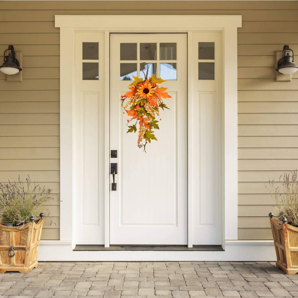 LSKYTOP 19" Artificial Sunflowers Pumpkins Maple Leaves Berries Fall Harvest Swag Autumn Swag for Thanksgiving Christmas Halloween Wall Fall Decor