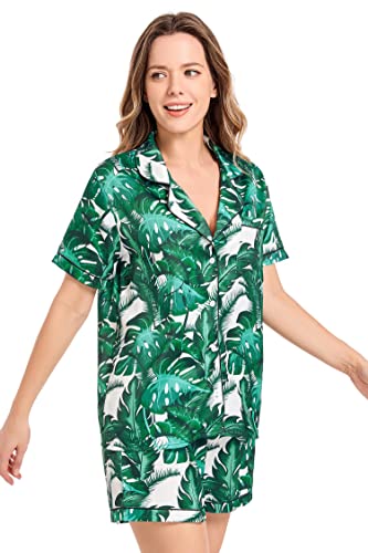 JULGIRL Women's Silk Satin Pajamas Short Sleeve Shorts Loungewear Two-Piece Button-Down Pj Set (X-Large, Palm Leaves)