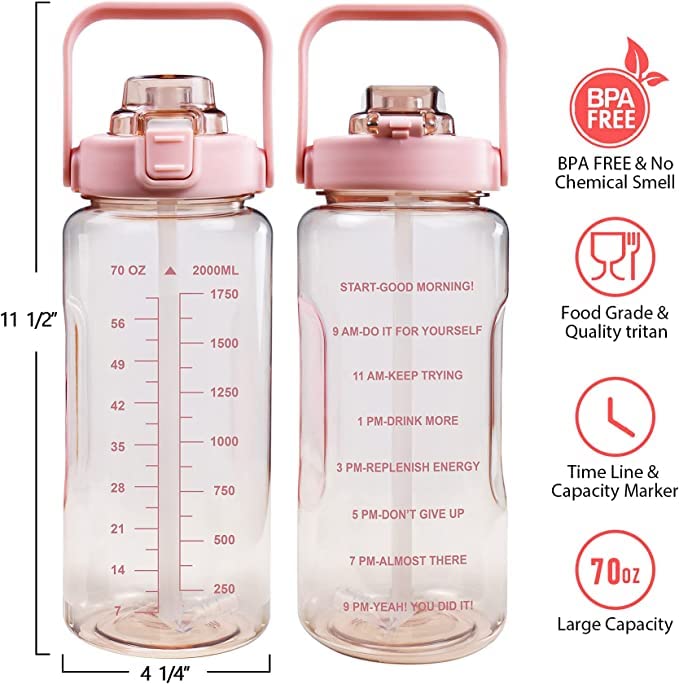 Motivational Water Bottle - Time Stamped BPA-Free Inspirational Water Bottle with Sleeve and Carry Strap - Reusable Drink Container w/ Handle - Sports Water Bottle with Pop-Up Straw - (70oz - Pink)