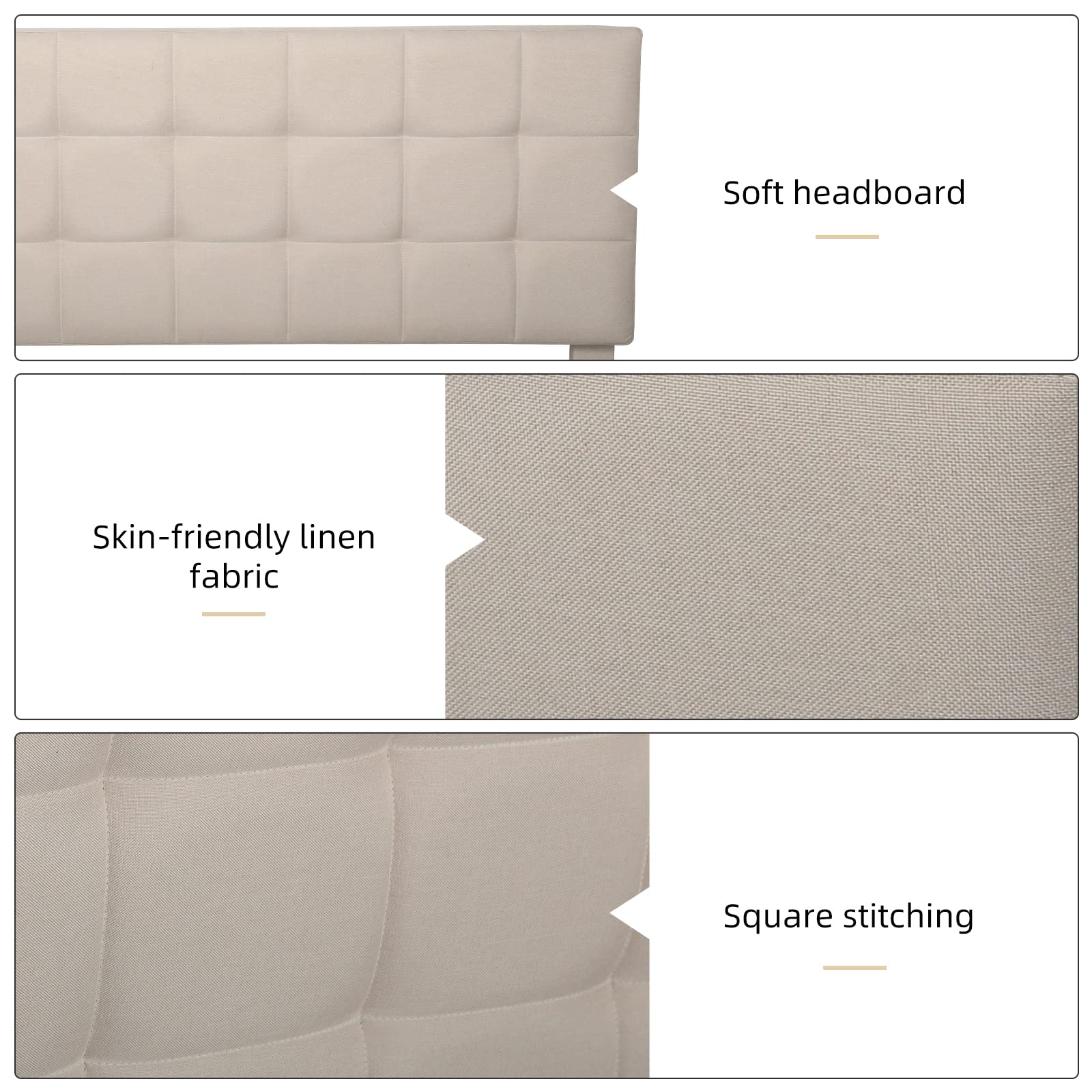 Kelfluxion Queen Size Upholstered Platform Bed Linen Bed Frame with Lights Square Stitched Adjustable Headboard Strong Bed Slats System No Box Spring Needed (Beige)