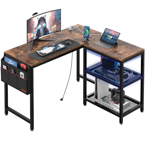 VECELO L Shaped Computer Desk 49 Inch Writing Study Corner Gaming Table with Storage Shelves and Side Bag, for Home Office Workstation