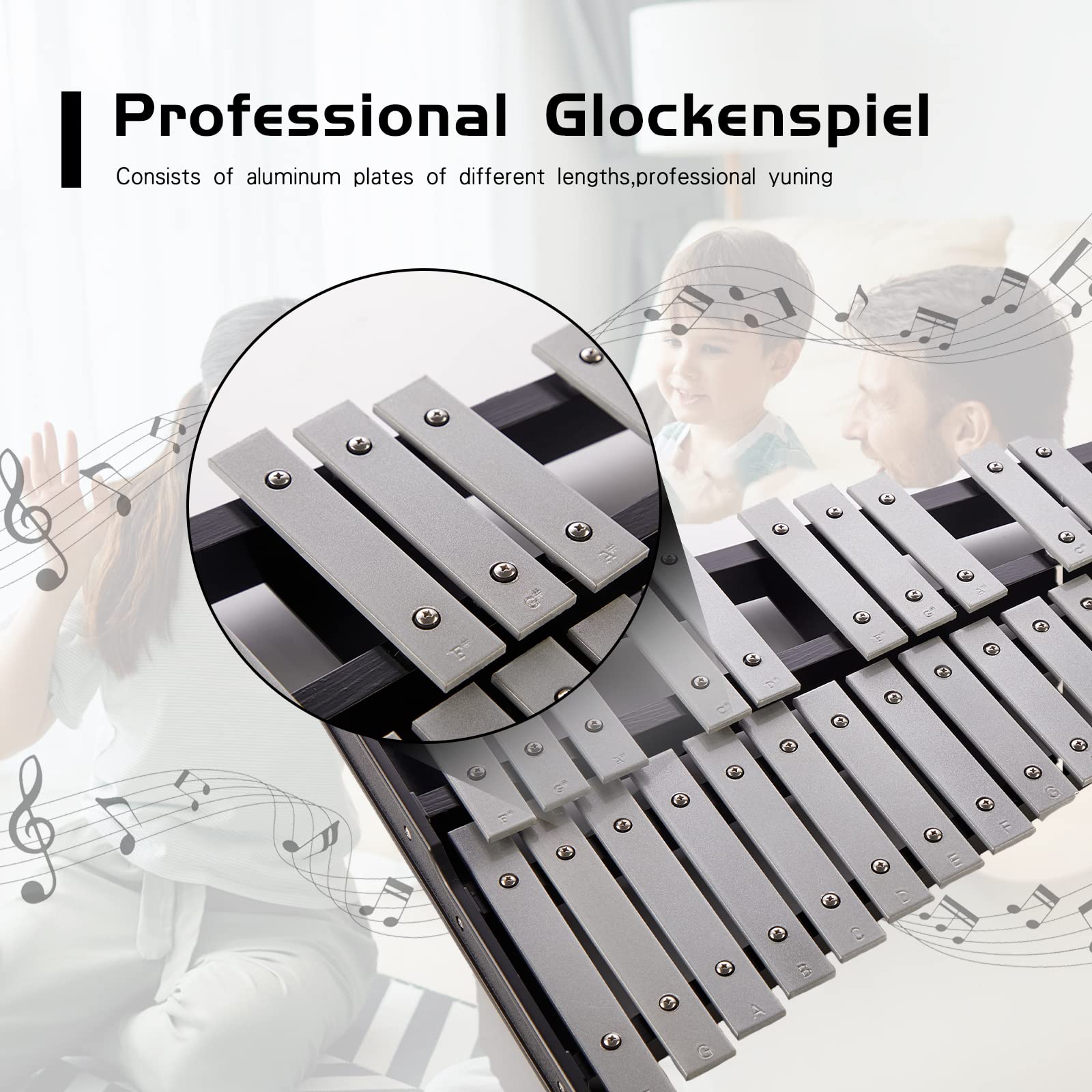 MIRIO Advanced 32 Note Glockenspiel Xylophone Bell Kit Percussion Kit for Adult Beginner Students with Adjustable Stand Mallets, Drum Practice Pad, Glockenspiel Stick, Drum Sticks and Carrying Bag