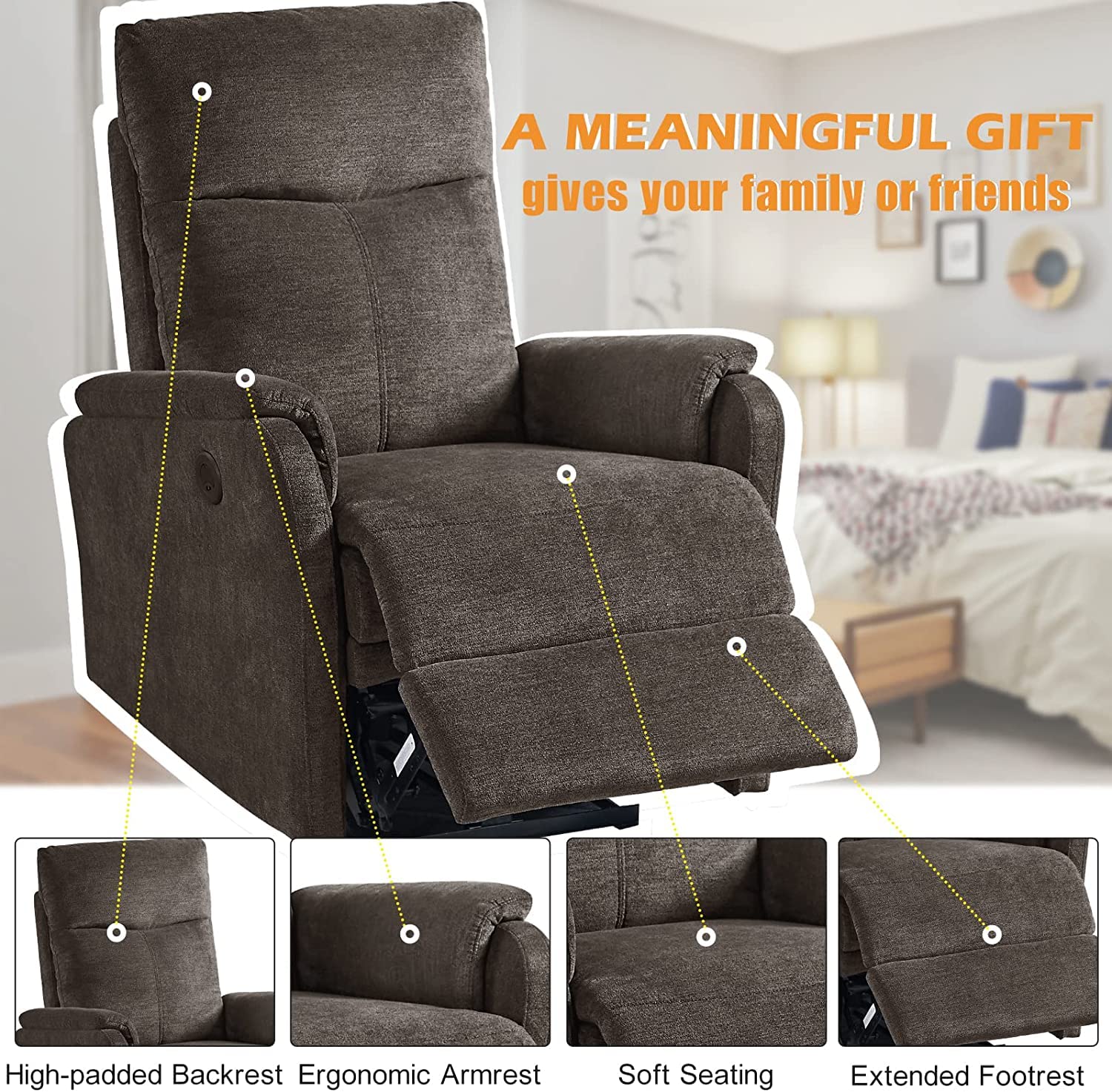 LAVHOME Electric Power USB,Fabric Single Sofa, Home Theater Seating with Recliner Function,Ergonomic Lounge Chair for Small Room 35.4" D x 30" W x 39.8" H, Brown