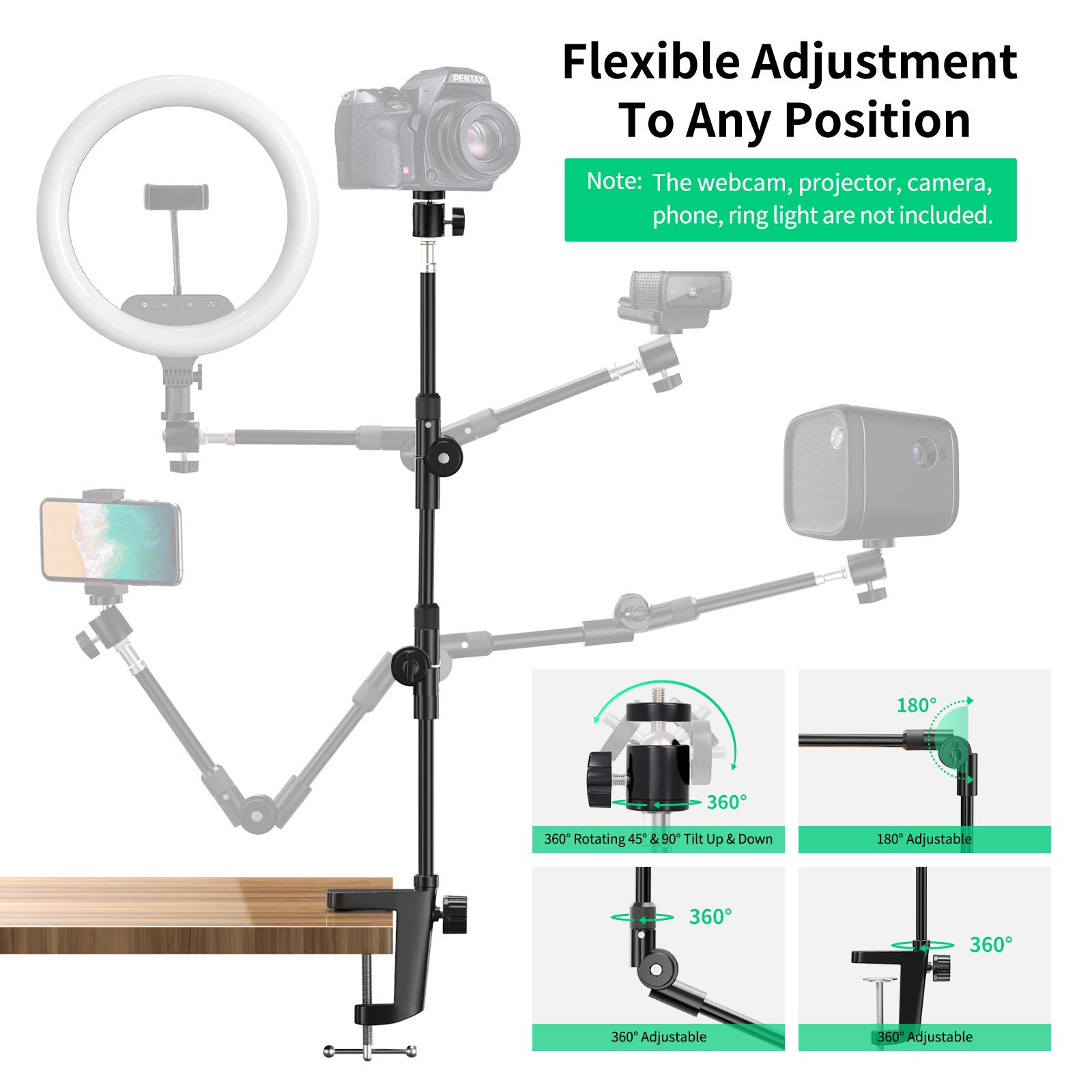 Webcam Stand Camera Mount with Phone Holder & 5/8" Screw, 25in Flexible Projector Stand Gooseneck Desk Mic Stand for Logitech C922 C930e C920 C615 C960 Brio 4K, GoPro, Blue Yeti Snowball Ice