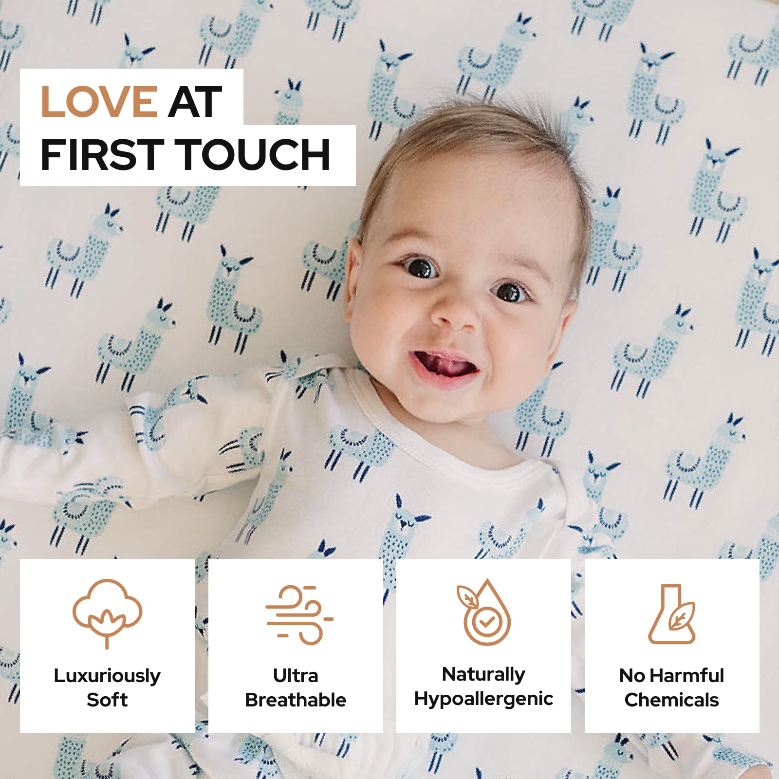 Mini Crib Sheet with Llama Pattern - 100% Organic Cotton Pack n Play Fitted Sheet - Premium Mini Pack and Play Sheets - Pickle & Pumpkin Sheet Compatible as Graco Pack n Play Sheet & Mini Crib Sheets