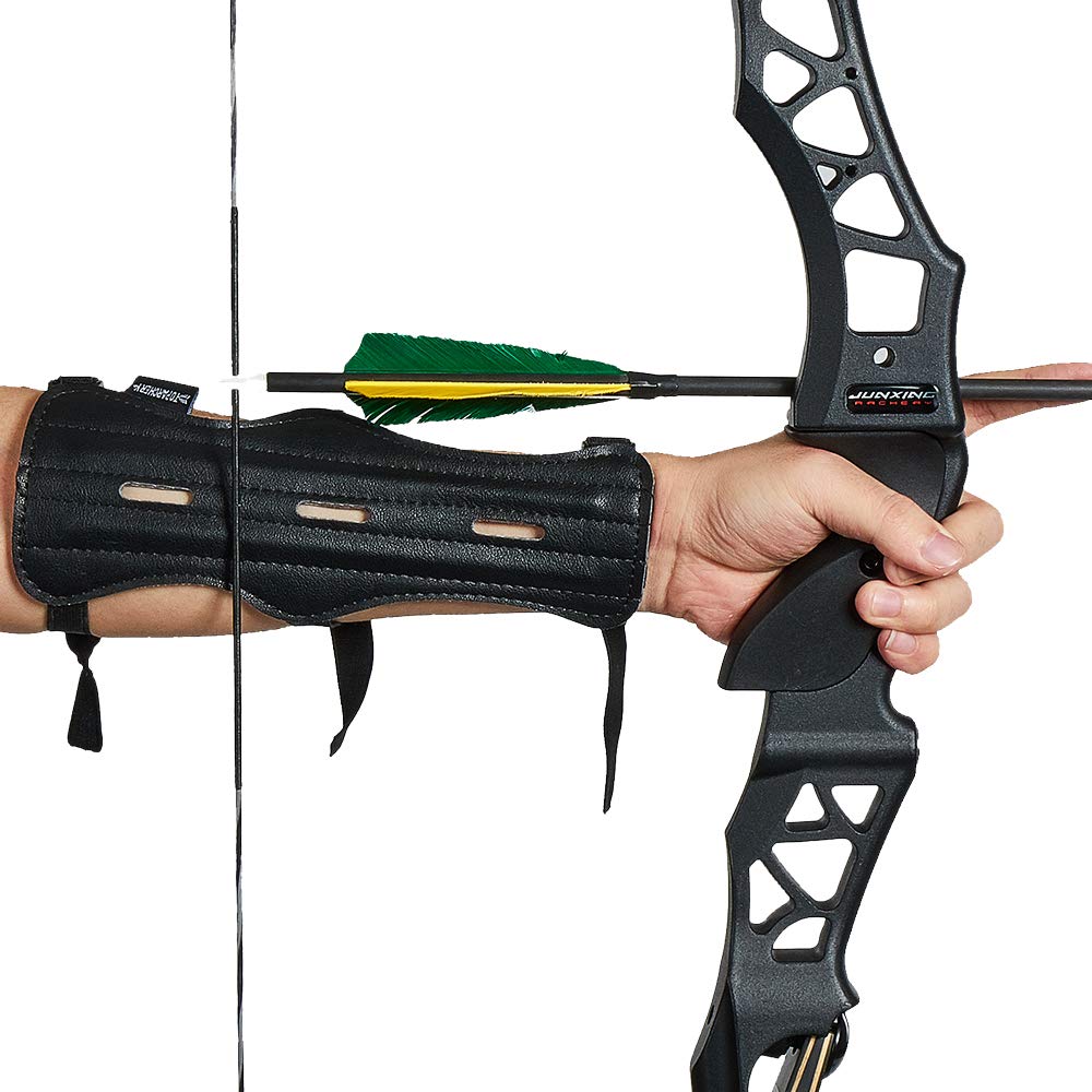 MIRACLE BLACK Archery Arm Guard and Finger Taps Set, Leather Arm Protector Adjustable Protective 3-Strap Accessory Lightweight for Hunting Target Shooting