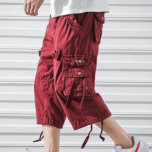 Men's Ripstop Workout Gym Shorts Quick Dry 3/4 Capri Pants Short Multi Pockets Hiking Athletic Running Shorts (Red,30)
