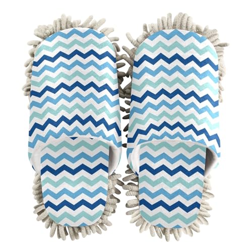 Kigai Blue Mint Chevron Microfiber Cleaning Slippers, Washable Cleaning Mop Shoes Floor Cleaning Tool for Women Men, M