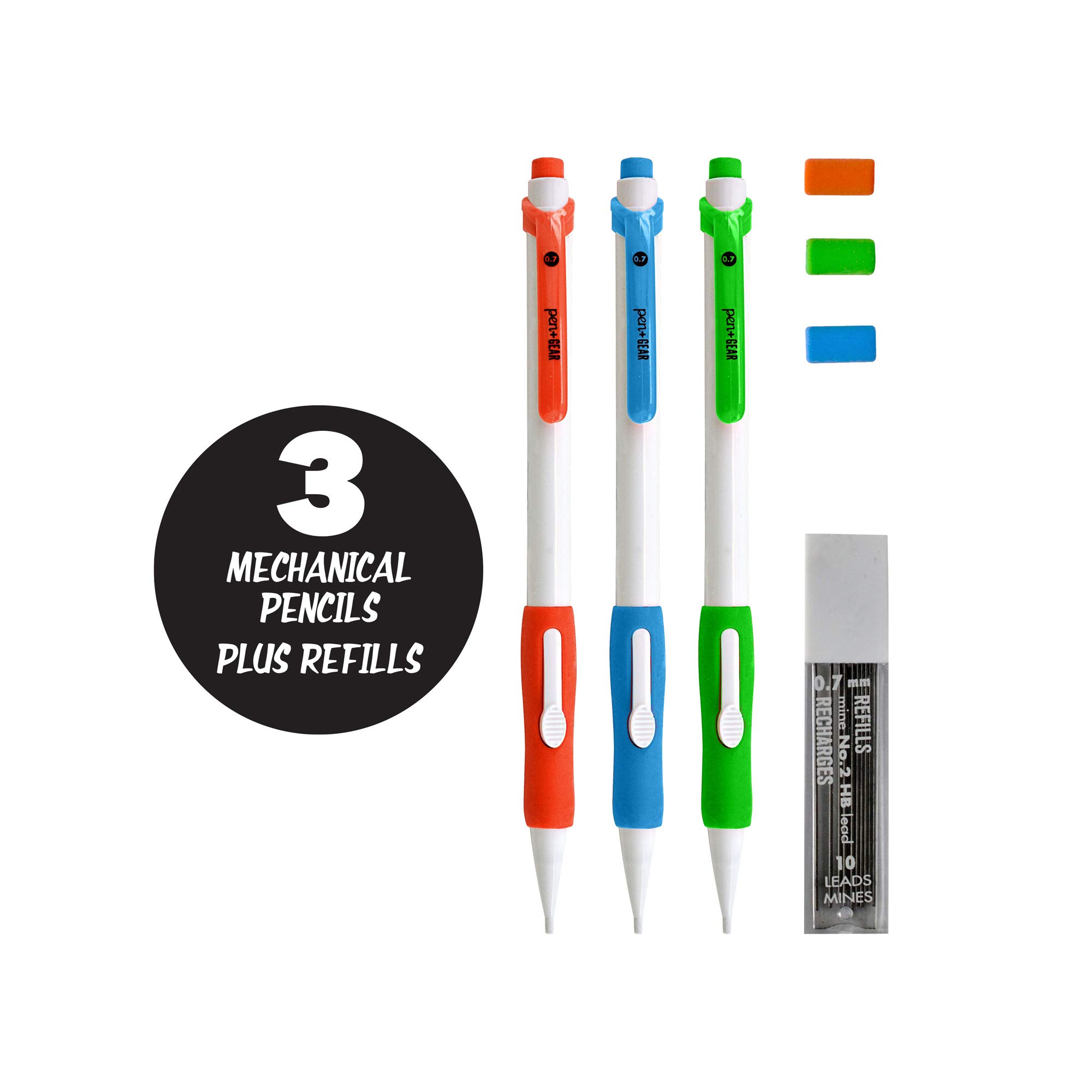 Mechanical Pencils With Refills, Side Advance, 0.7 mm, 3 Pack