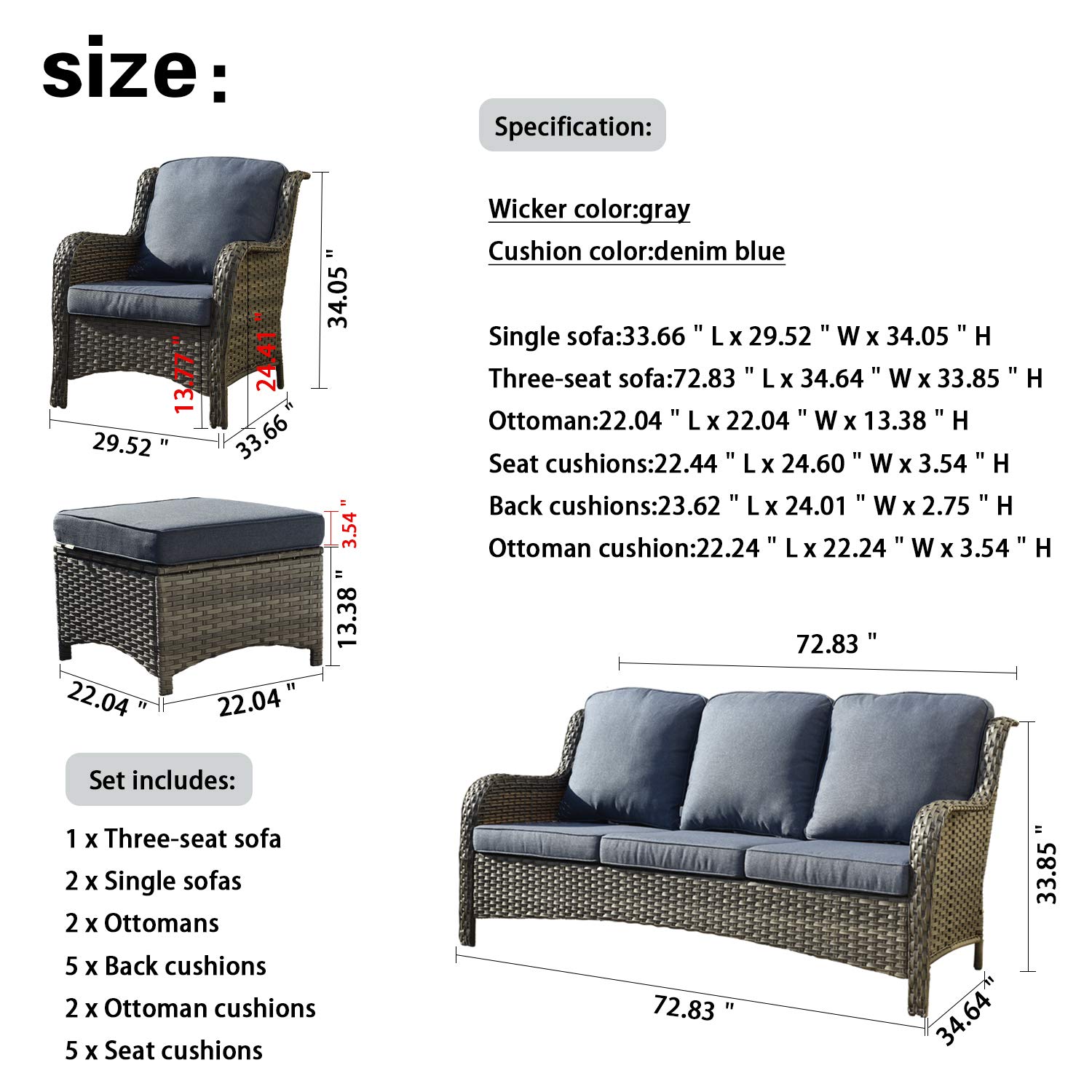 XIZZI Patio Furniture Sets Outdoor Furniture Conversation Set 5 Pieces All Weather Wicker High Back Couch with Ottomans,Grey Wicker Denim Blue