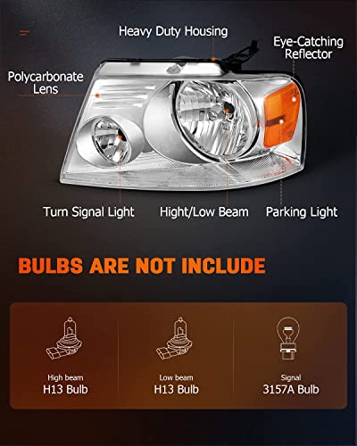 MIROZO For F-150 Headlights from Headlamps Assembly Set for Ford for F-150 2004 2005 2006 2007 2008 Chrome Housing Amber Reflector Clear Lens