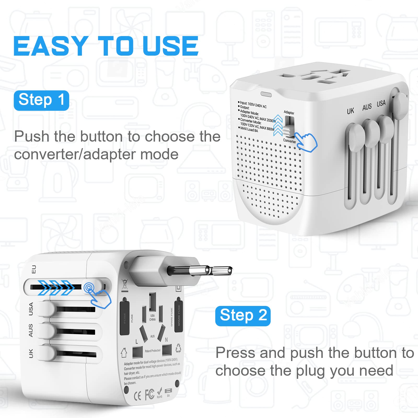 Step Down 220V to 110V Adapter and Voltage Converter Combo + European Travel Plug Adapter for Europe & UK