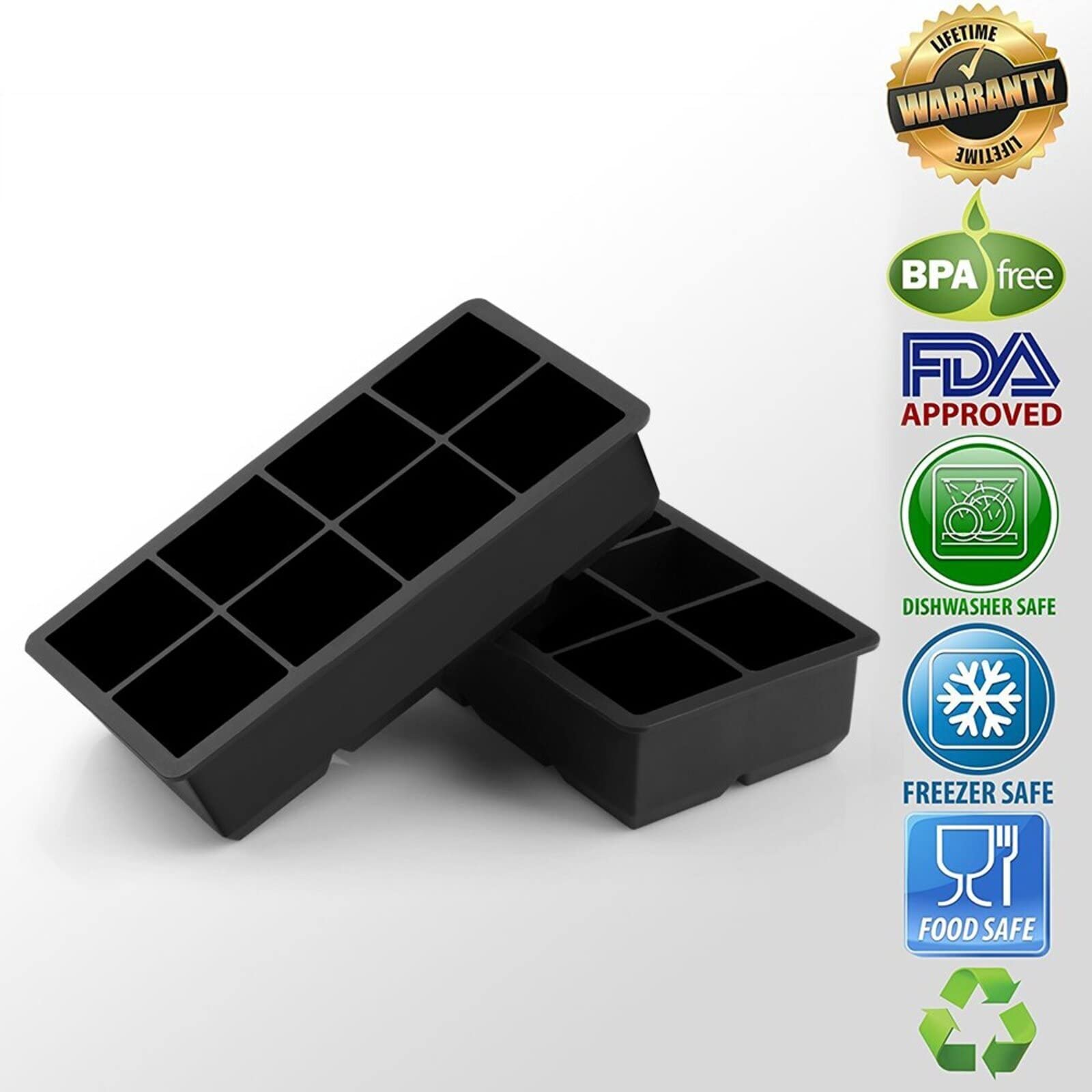 Samuelworld Large Silicone Ice Cube Tray Molds, 2-Pack, Big 2 Inch Cubes - Food Grade, Flexible, 8 Cavity Easy Release Slow Melting Ice for Whiskey, Cocktails, Gifts & Christmas - Black