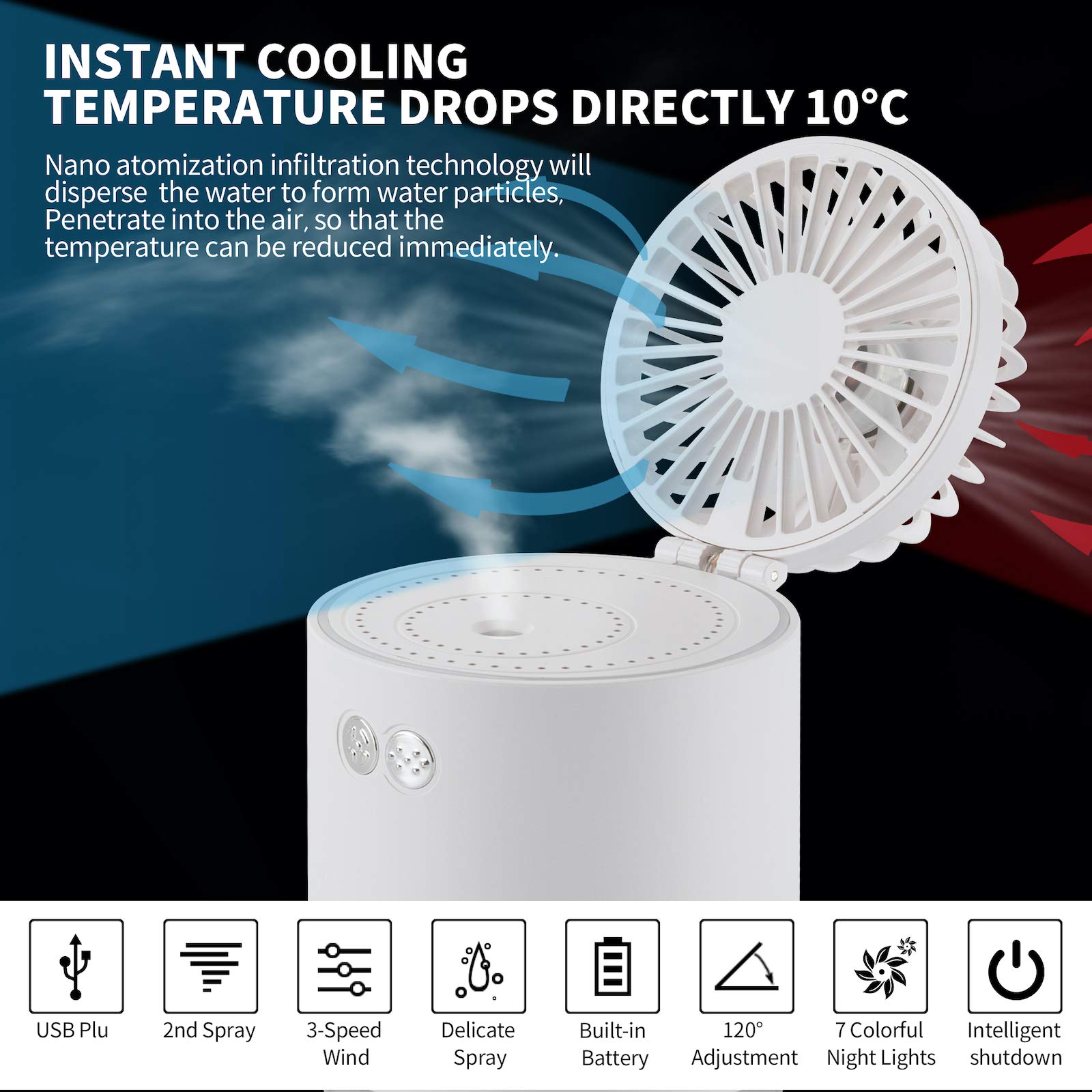 Mini Humidifier with Fan, Battery Operated Small Humidifier, USB Rechargeable, 2 Mist Mode 7 LED Light Portable Humidifier for Bedroom, Office, Travel,Car