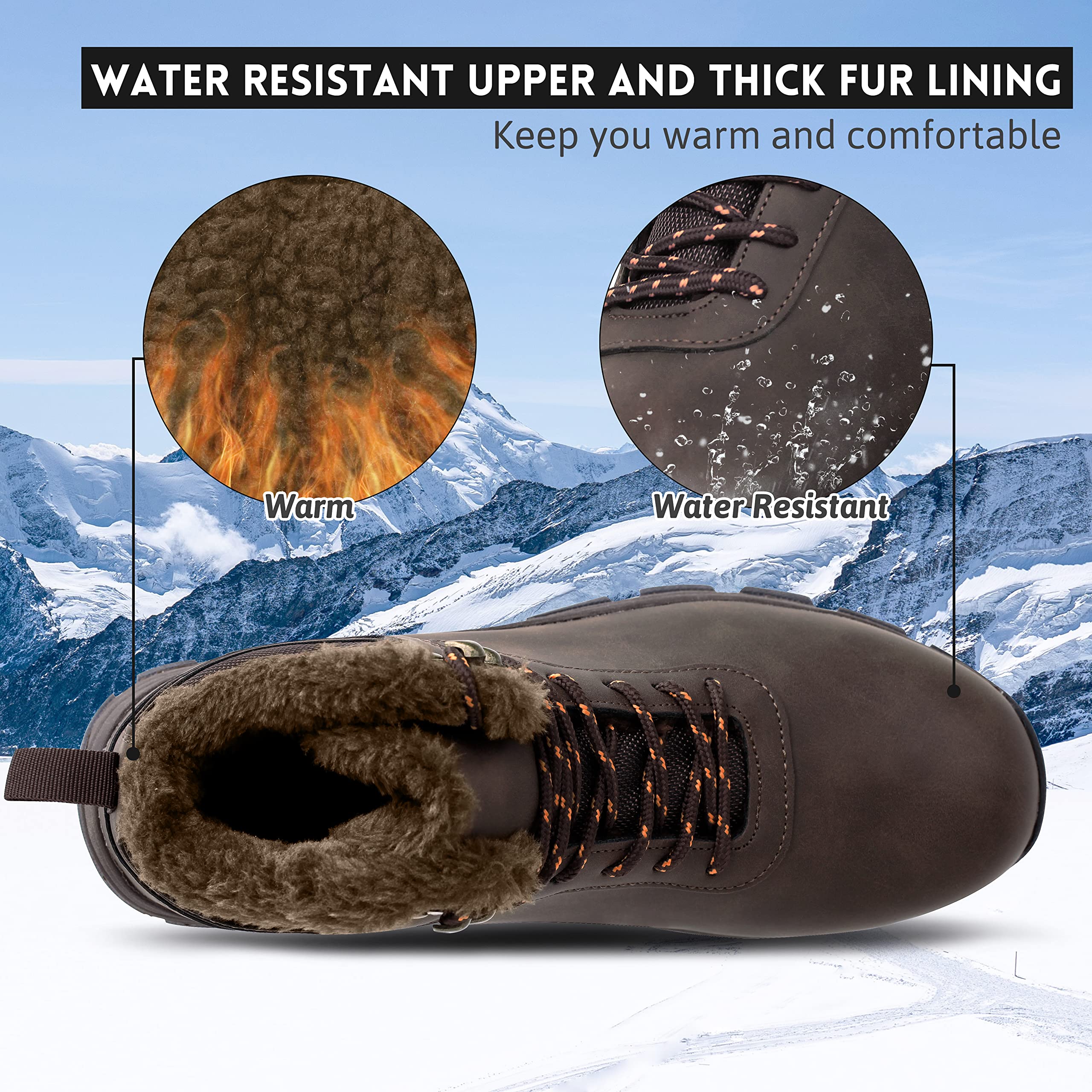 Men's Snow boots Winter Water-Resistant Hiking Boot Warm Lined Backpacking Boots Non Slip Outdoor Shoes,Brown Size7.5