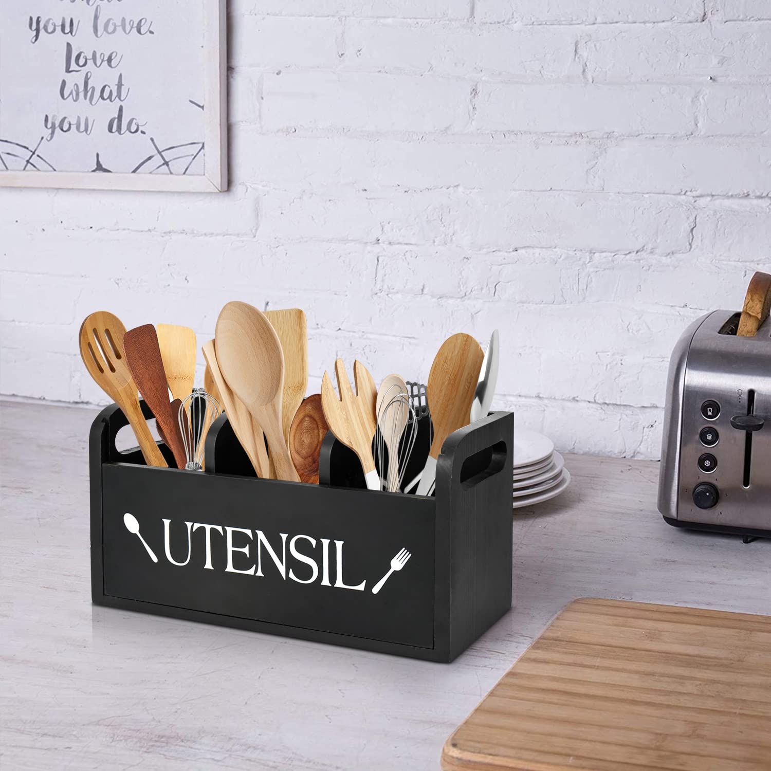 MEMOORIAL Utensil Holder for Kitchen Counter, Rustic Large Kitchen Utensil Organizer with 3 Compartments, Utensil Caddy Farmhouse Kitchen Decor for Flatware, Cooking Tools Storageā¦