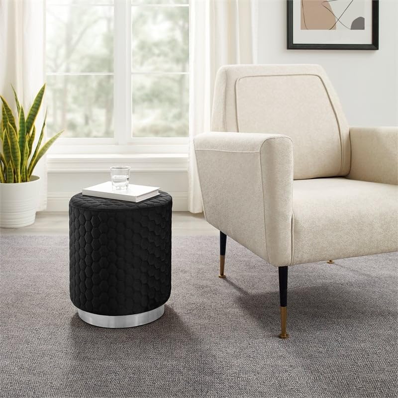 Linon Aiden Round Quilted Fabric Stool with Silver Metal Base in Black