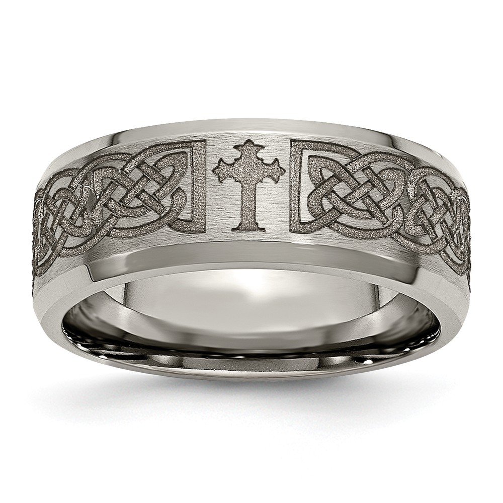 Jewelry Pilot 8mm Beveled Edge Laser Engraved Celtic Weave Cross Titanium Wedding Band - Size 13