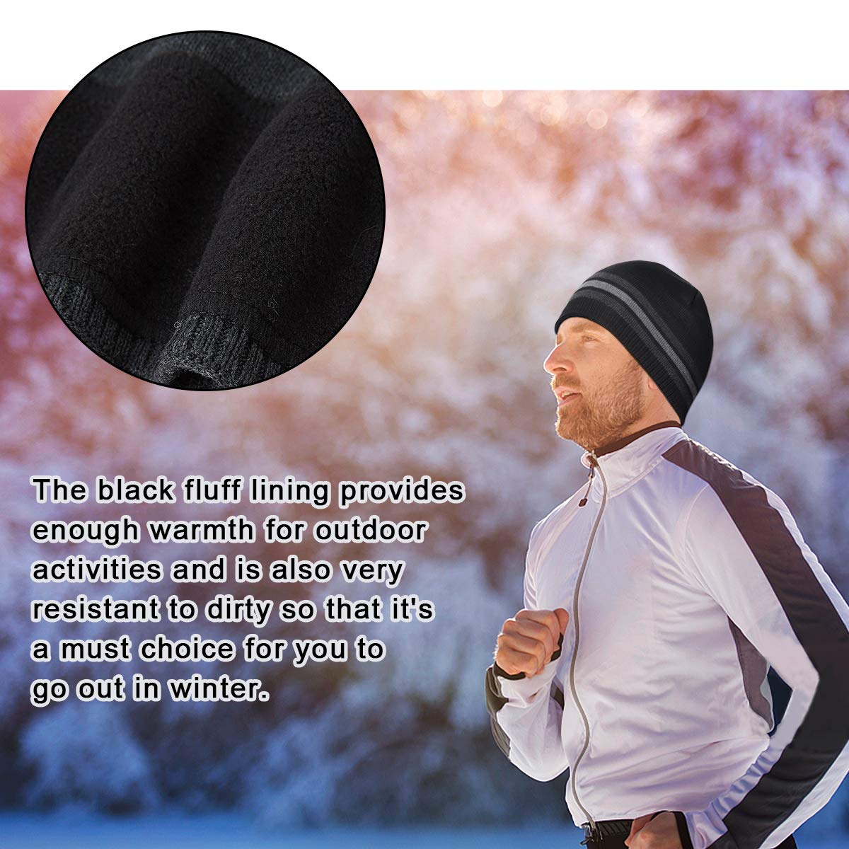 Mens Winter Beanie Hat Oversized Warm Knit Fleece Lined Short Beanie Ski Skull Cap (Black+Grey, ONE Size)