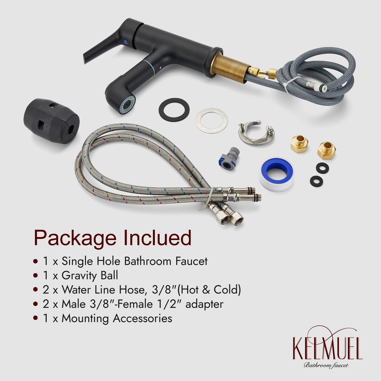 Kelmuel Single Hole Pull Out Faucet,Matte Black Sink Faucet Bathroom,Pull Down Sprayer Single Handle Pull Out Faucet for Bathroom RV Office Sinks