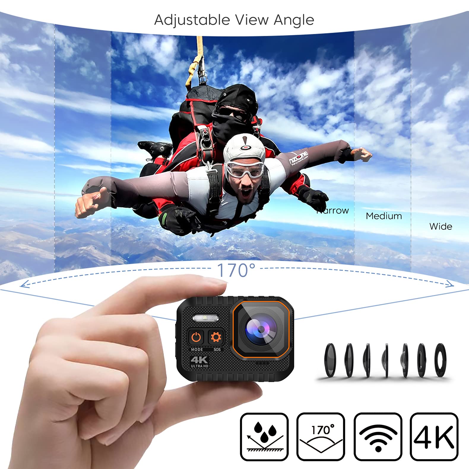 novzzovaz Action Camera 4K 16MP WiFi Sports Camera IPX8 33FT Waterproof Camera EIS 170° Wide Angle Underwater Camera with Remote Control Accessories Kit and Carrying Case