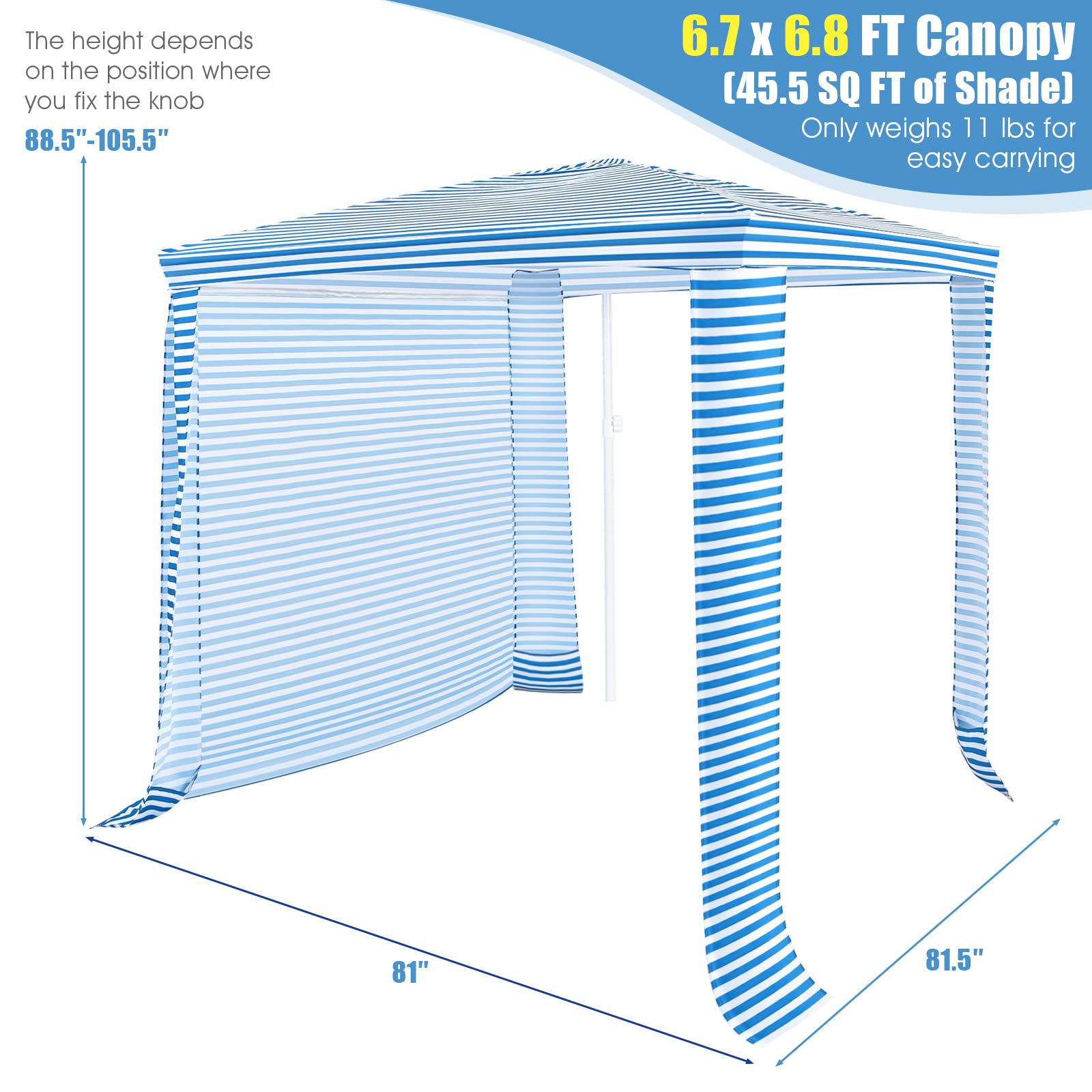 MIDDOW Beach Cabana, 6.7โ x 6.8โ Easy to Set up Beach Tent w/ Adjustable Height, Detachable Sidewall, Carry Bag, 4 Sandbags, NP10352BL Sun Shelter