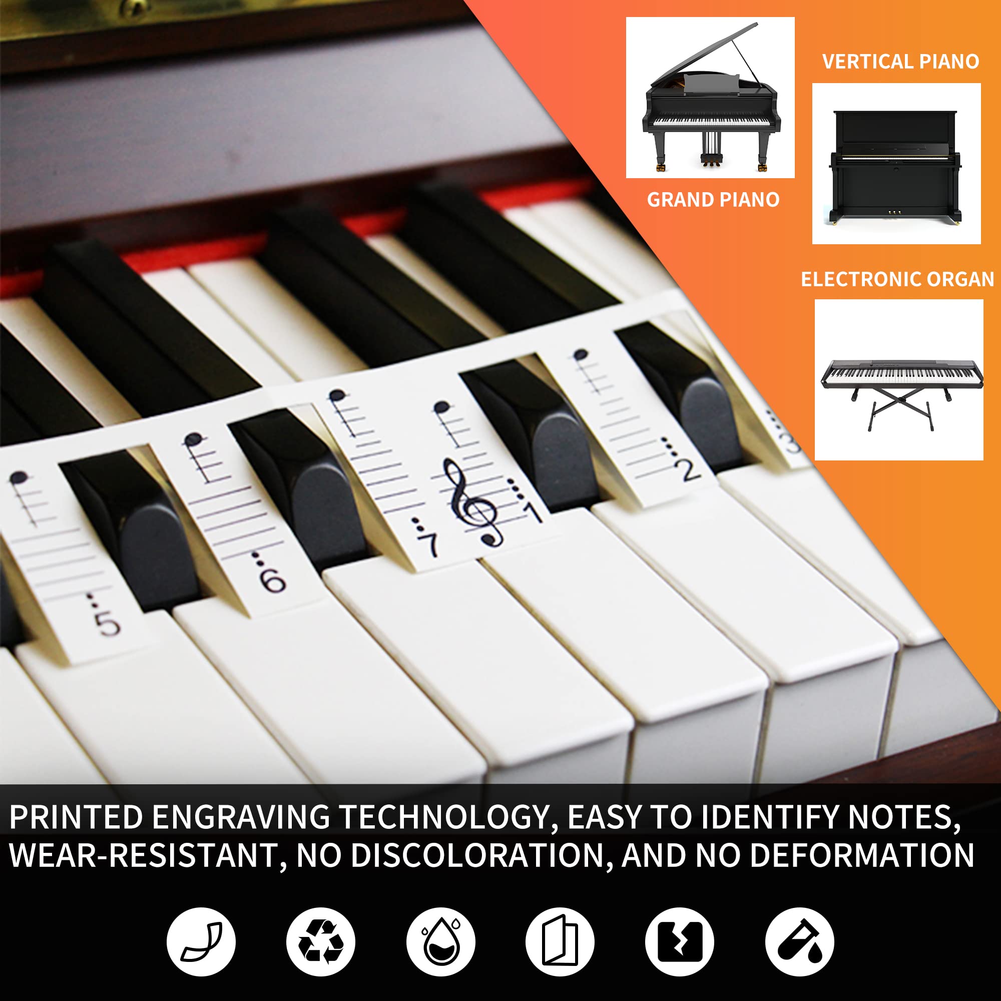 Piano Stickers for Learning Piano or Keyboard Overall Installation No Glue No Need to Cut Easy to Carry Reusable for 88 keys