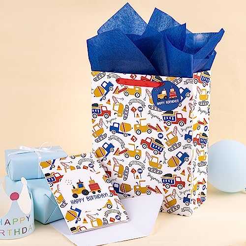 WRAPAHOLIC 13" Large Birthday Gift Bags with Card and Tissue Paper - Car Design for Kids Birthday, Gift Wrap