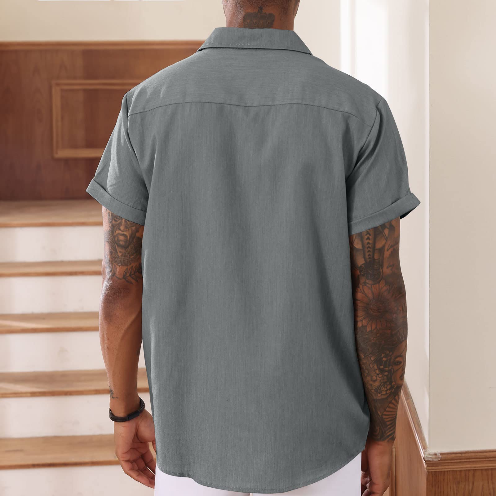 Men's Casual Summer Button Down Shirts Short Sleeve Holiday Beach Vintage Chambray Top GREENBLUE XL