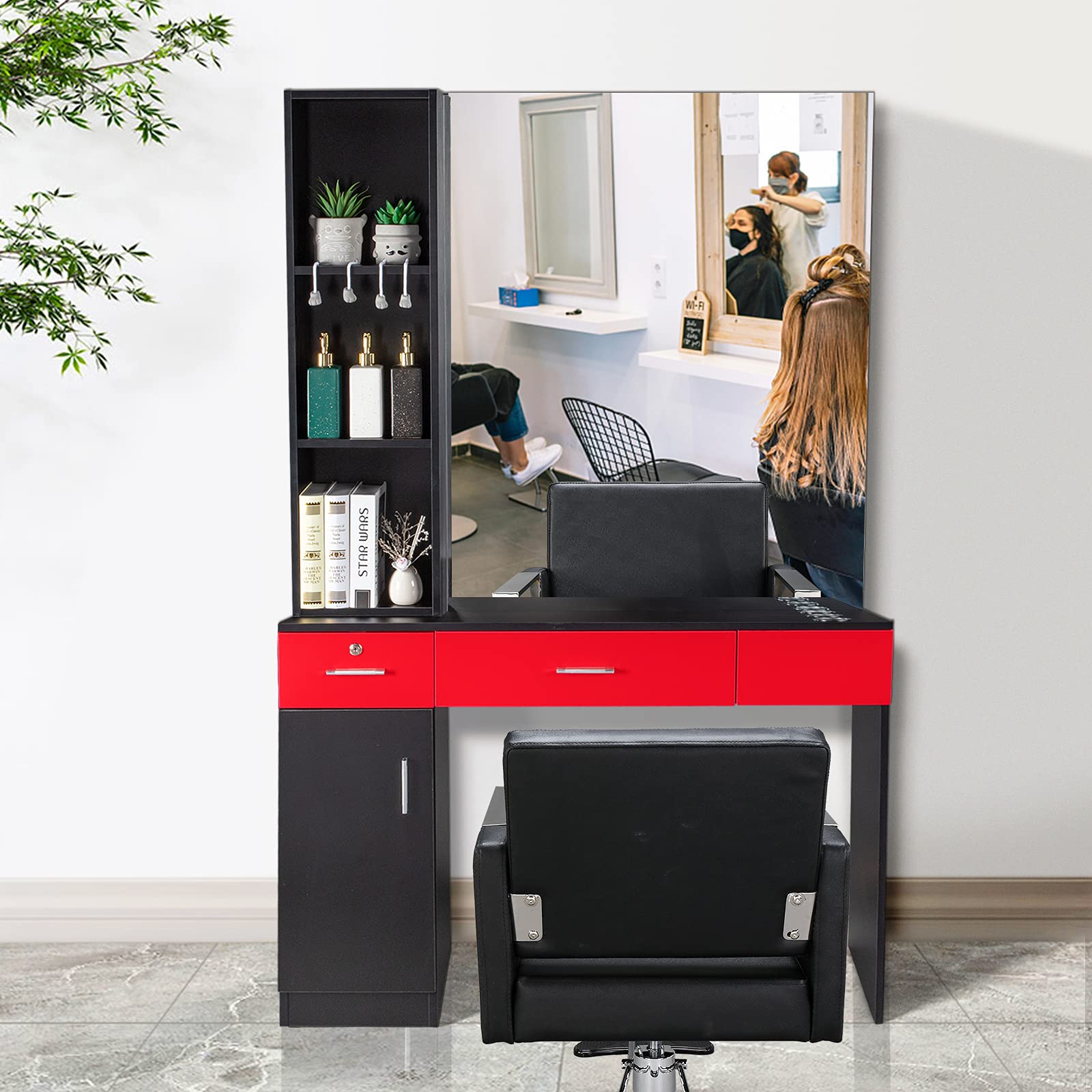 Mefeir Wall Mount Hair Styling Barber Station with Support Leg & Mirror,Hair Salon Equipment, Spa Furniture Set Red & Black