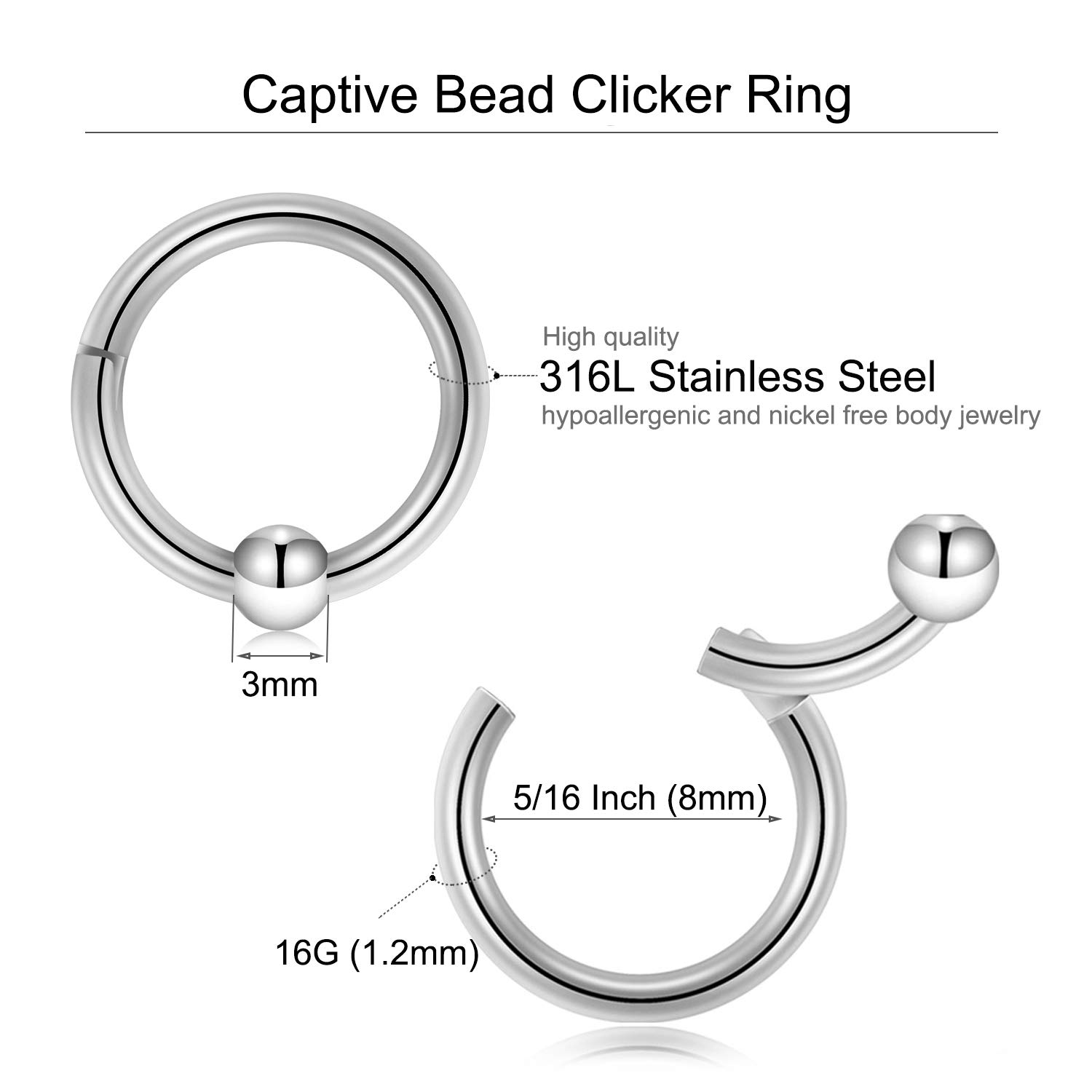 Kangyijia 16G 5/16" Segment Seamless Hinged Clicker Septum Nose Rings Clear CZ Piercing Captive Beads Clicker Piercing 3Pcs