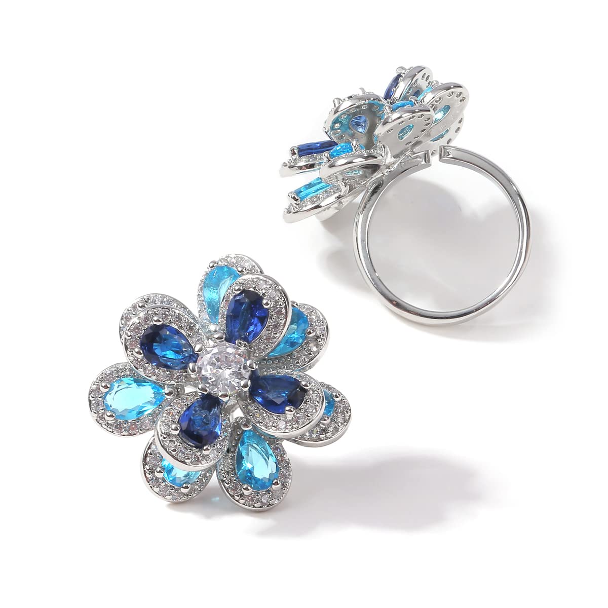 Miss.F&D Eternity Ring Brilliant Diamond Flower Charm Two Color Crystal Camellia Shape Rhinestone Halo Design Statement Platinum Engagement Ring For Women (BLUE)