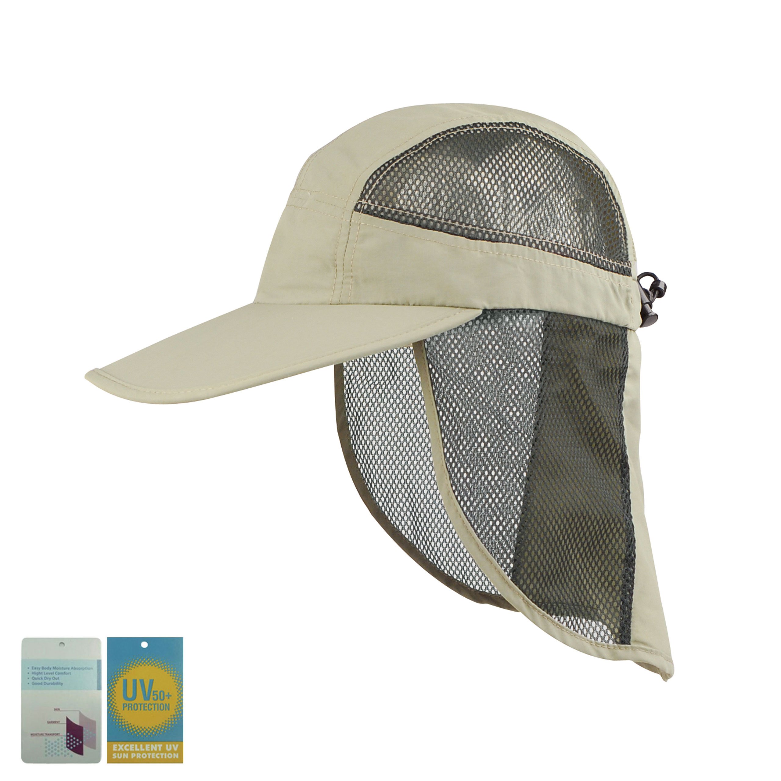 Juniper Outdoor UV Cap with Mesh Flap and Sides, One Size, Khaki
