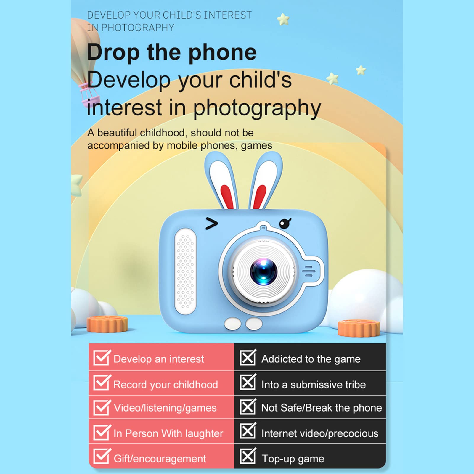 mewmewcat Digital camera1080P Mini Cartoon Digital Camera Digital Video Camera for Dual Lens 2.0 Inch IPS Screen Built-in Battery Cute Photo Frames Interesting Games with N