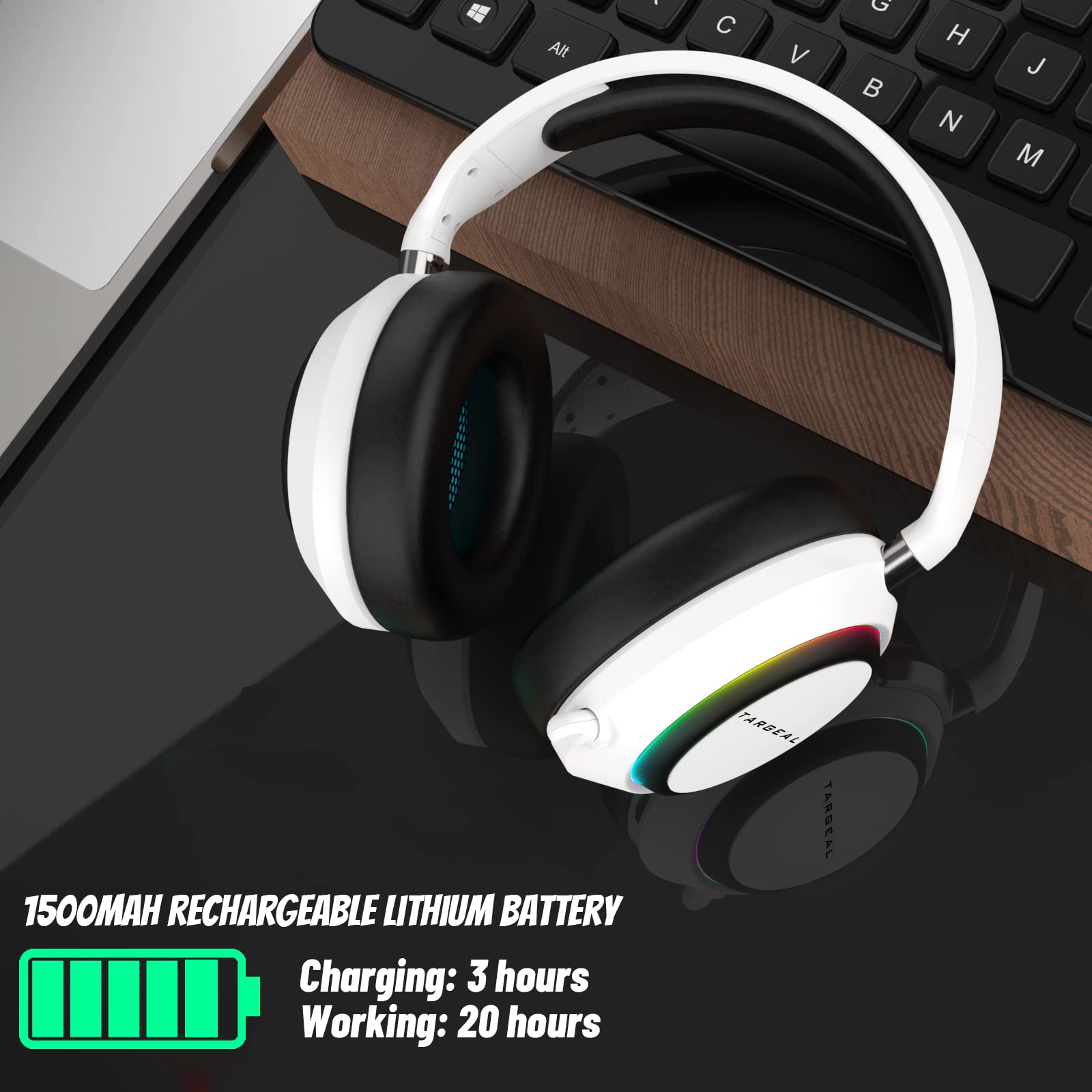targeal Wireless Gaming Headset with Microphone - for PS5, PS4, PC, Laptop, Mac, Phone, Switch - 2.4G/Bluetooth/3.5mm Connection - RGB Gamer Headphone with Noise Canceling Mic - White