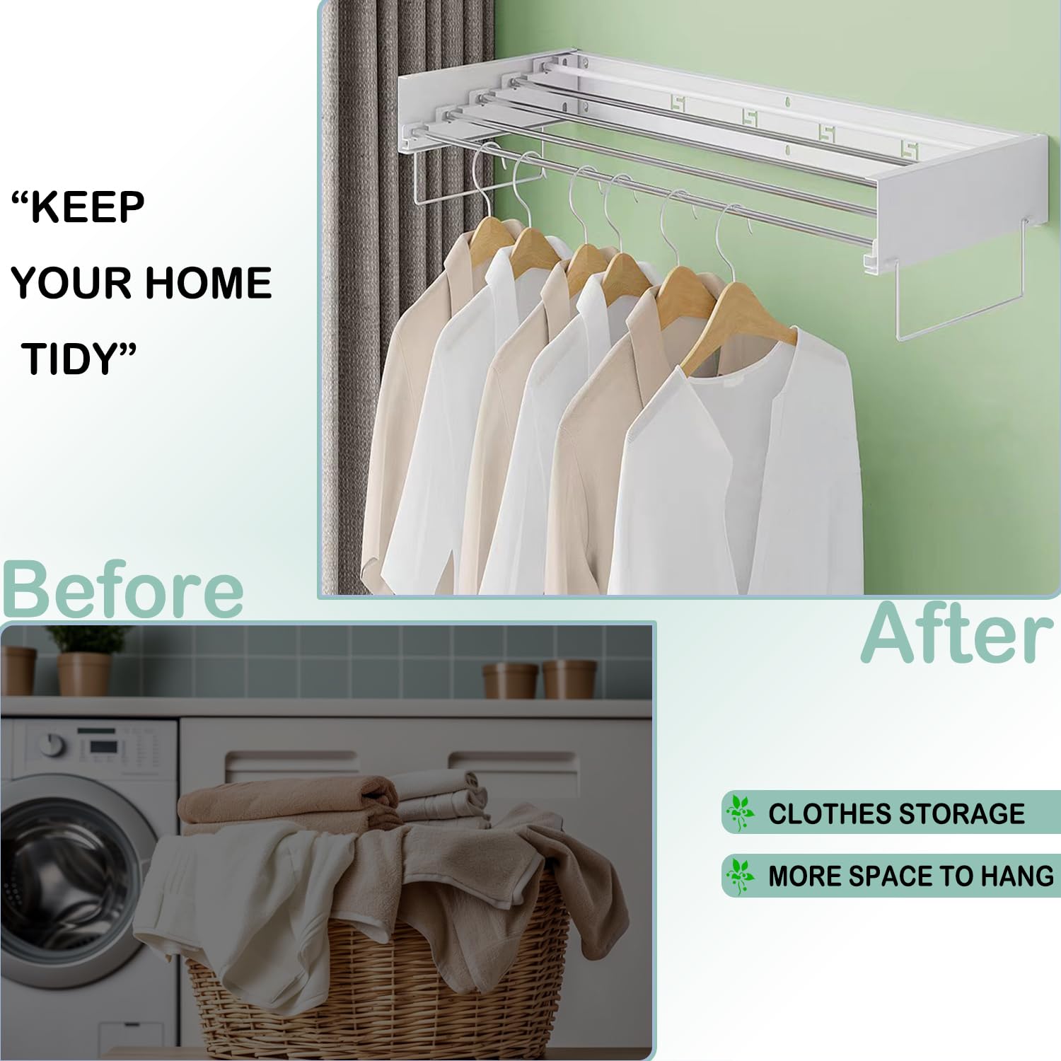 Wall Mounted Drying Rack, Laundry Drying Rack Collapsible, Clothes Drying Rack, Towel Drying Rack for Indoor & Outdoor with Wall Template & 5 Rods, 60 lb Capacity, 31.5β Wide, 13.5 Linear Ft, White