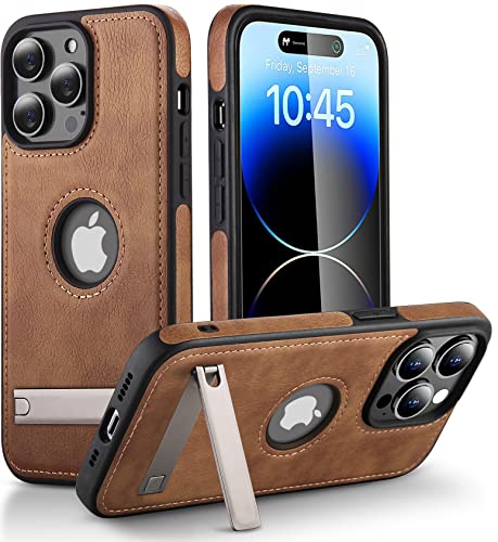 WTCASE for iPhone 14 Pro Max Leather Case, Thin Flexible Soft Grip Luxury Vgean Cover for Men, Protective Slim Kickstand Shockproof Phone Cases Compatible with iPhone 14 Pro Max(2022) 6.7" (Brown)