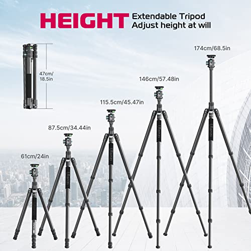 ULANZI MT-61 Professional Camera Tripod, 68.5" Lightweight Carbon Fiber Trabel Tripod with Arca Quick Release 1/4" Screw & 360° Ballhead, for Most Cameras/DSLR/Projector, Weight 3.55lbs, Maxload 33lbs