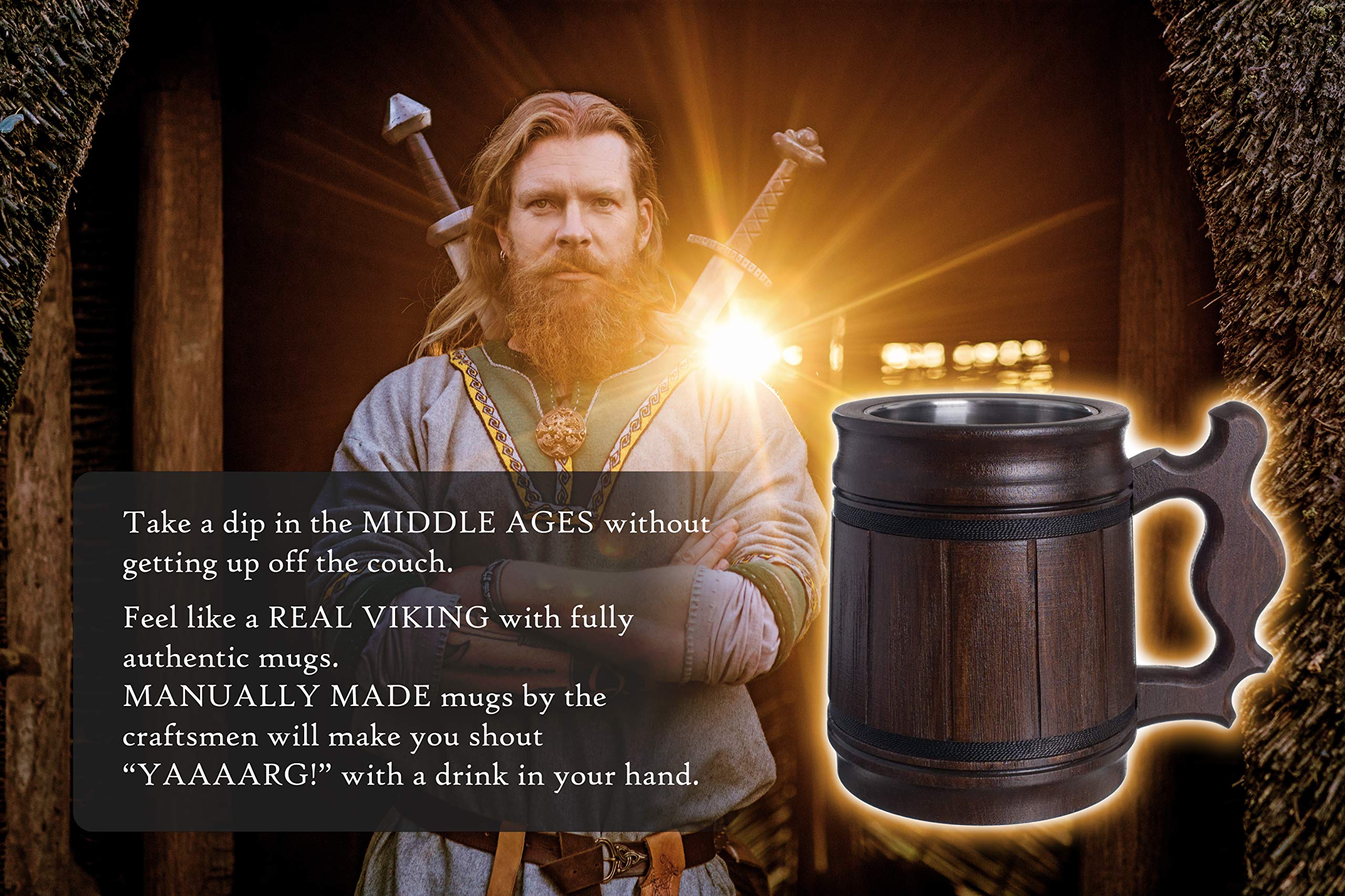 MyFancyCraft Gifts for Men Handmade Beer Mug Oak Wood Stainless Steel Cup Box Natural 0.3L 10oz Classic Brown