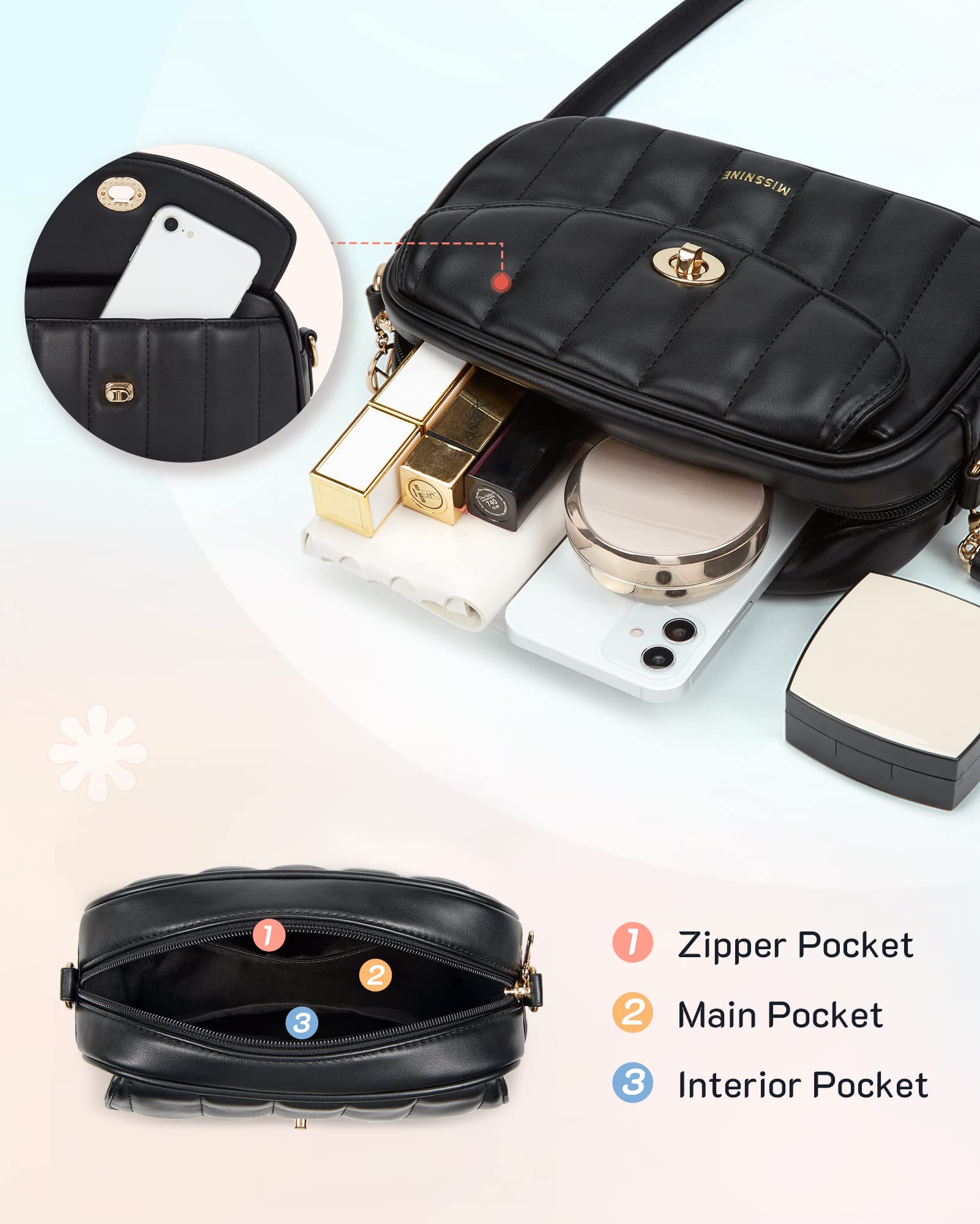 Missnine Crossbody Bags for Women Soft Quilted PU Leather Shoulder Bag Small Purse with Strap and Tassel,Black