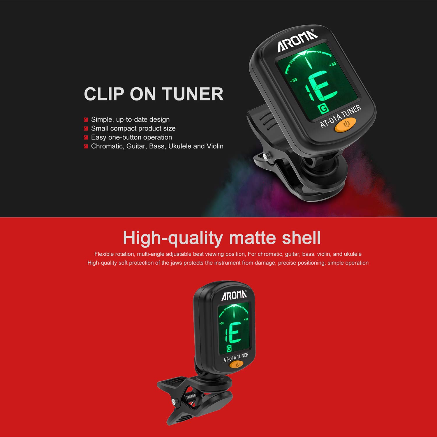 Meeland Guitar tuner 2 PACK, Clip On Tuner for Guitar/Bass/Violin/ukulele,Auto Power Off/One Button Operation/AT-01A/2 Set