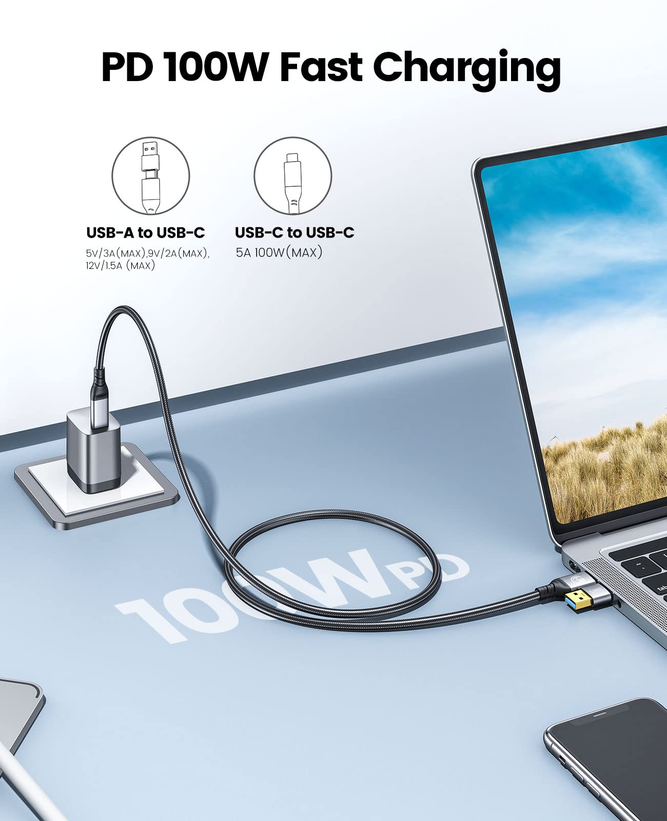 ORICO USB C to USB C 3.2 Gen 2 Cable 20Gbps Data Transfer, 2 in 1 USB C Cable 4K Output, 100W PD Fast Charging with Strap for Thunderbolt 3, MacBook, iPad Pro, Oculus Quest, Switch 3.3FT