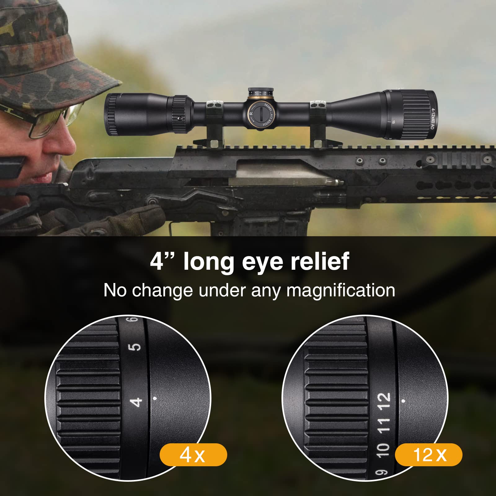 MidTen SFP 4-12x40 AO Tactical Rifle Scope with 4" Eye Relief Adjustable Objective Dead-Hold BDC Reticle Optics 1-inch Tube Riflescopes for Hunting Shooting