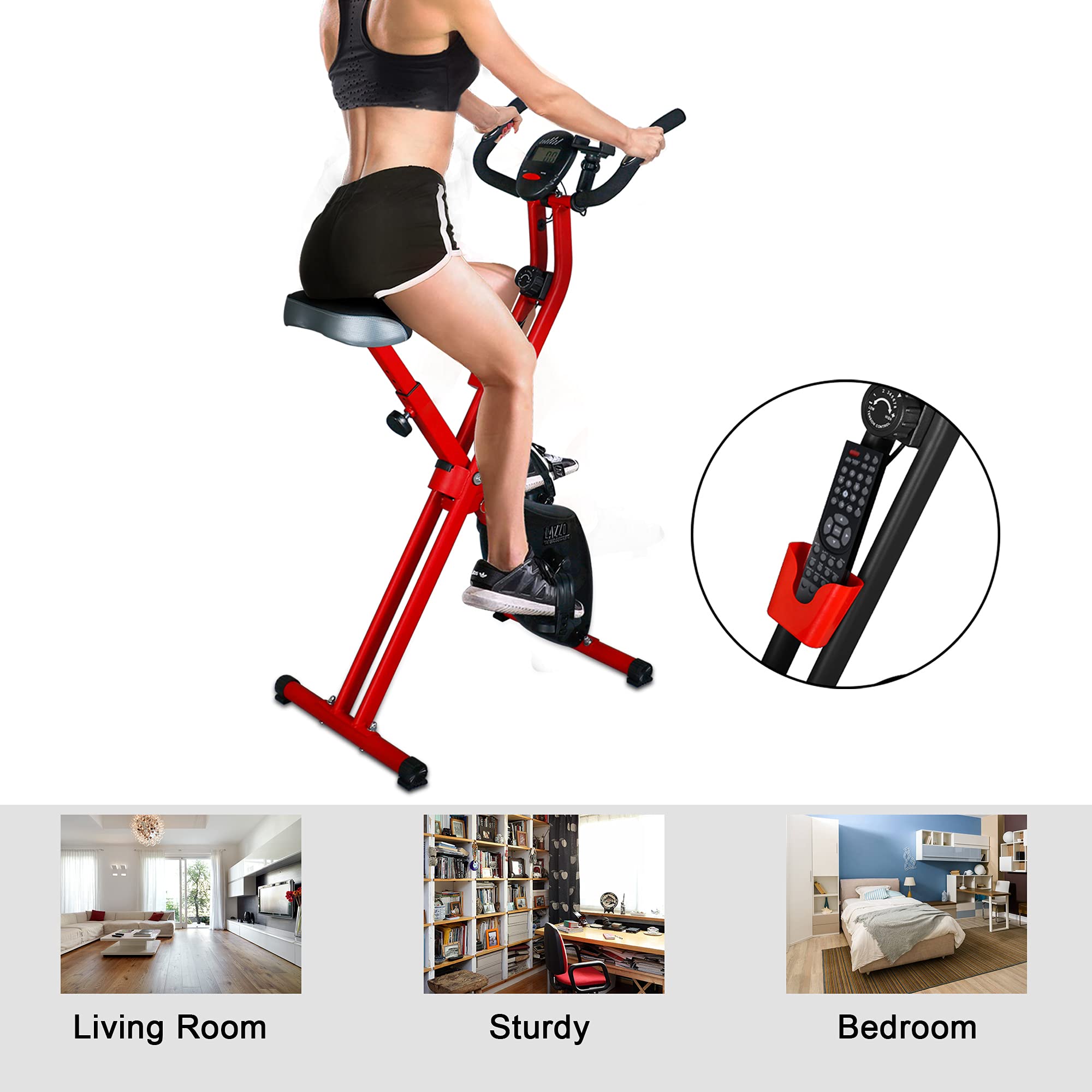 LAZZO Indoor Folding Magnetic Slim Exercise Bike| Bundle Includes Larger Soft seat,8-Levels Adjustable Resistance,Perfect for Home Use| Bear 250 lbs
