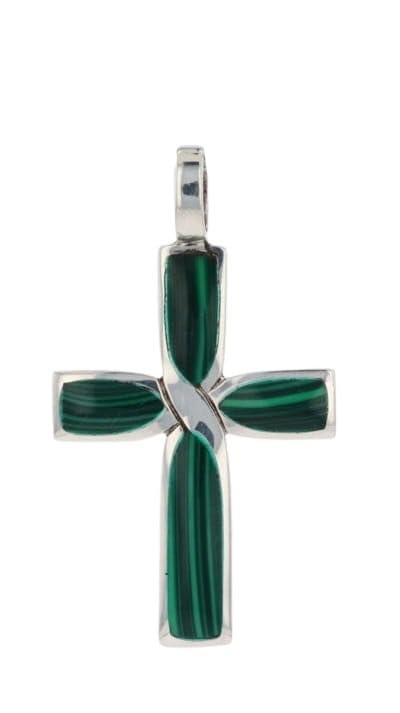 Jewelry Trends Sterling Silver Cross Pendant with Green Created Malachite Stone