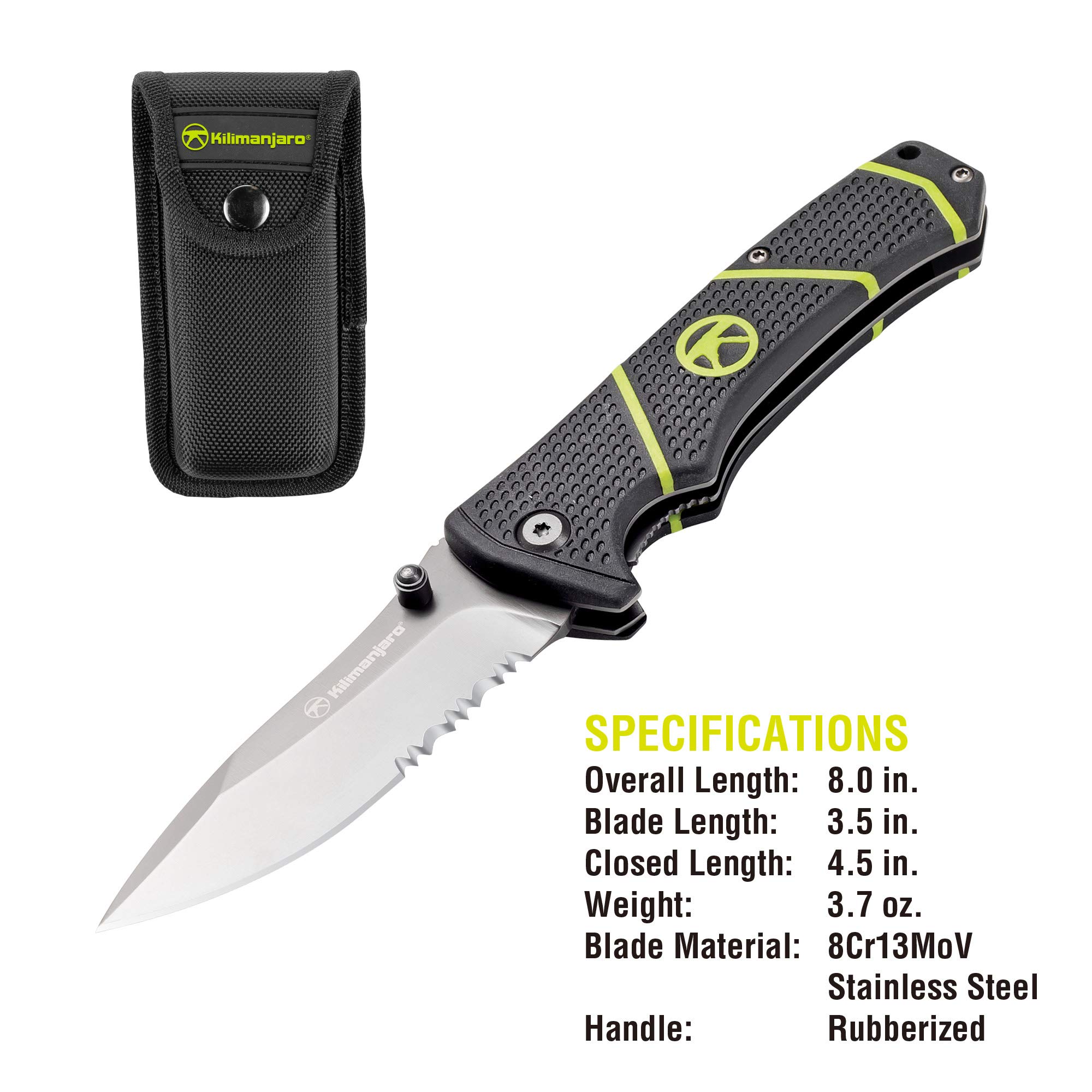 Kilimanjaro Drop Point Folding Knife, Pocket Knife for Outdoors, Camping, Hunting, Fishing, Serrated Blade, Kibo Black 910092