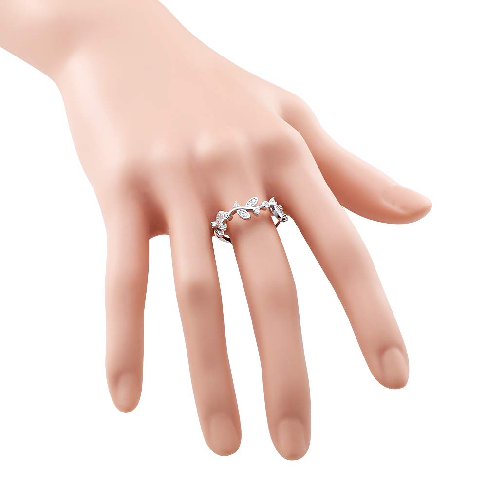 Lavencious Sterling Silver Curved Olive Branch with Clear CZ Stones Wedding Band Promise Ring for Women Size 5-10 (Silver, 8)
