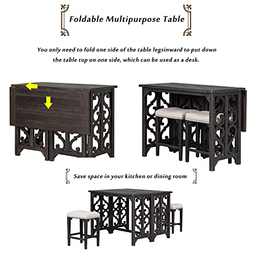 LAVHOME Retro Style 3-Piece, Solid Wood Counter Height Pub Set,Foldable Table with 2 Saddle Stools for Small Space,Kitchen,Dining Room,Restaurant,Coffee Shop (Espresso)